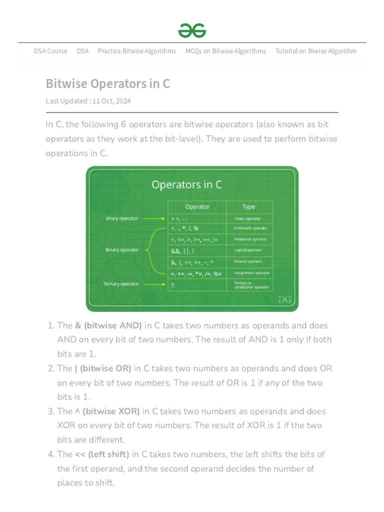 Bitwise Operators in C - GeeksforGeeks | PDF | Computer Programming ...