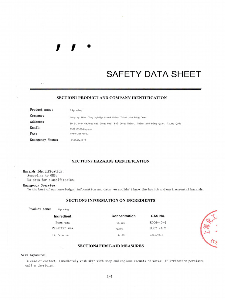 Msds of Yellow Wax | PDF