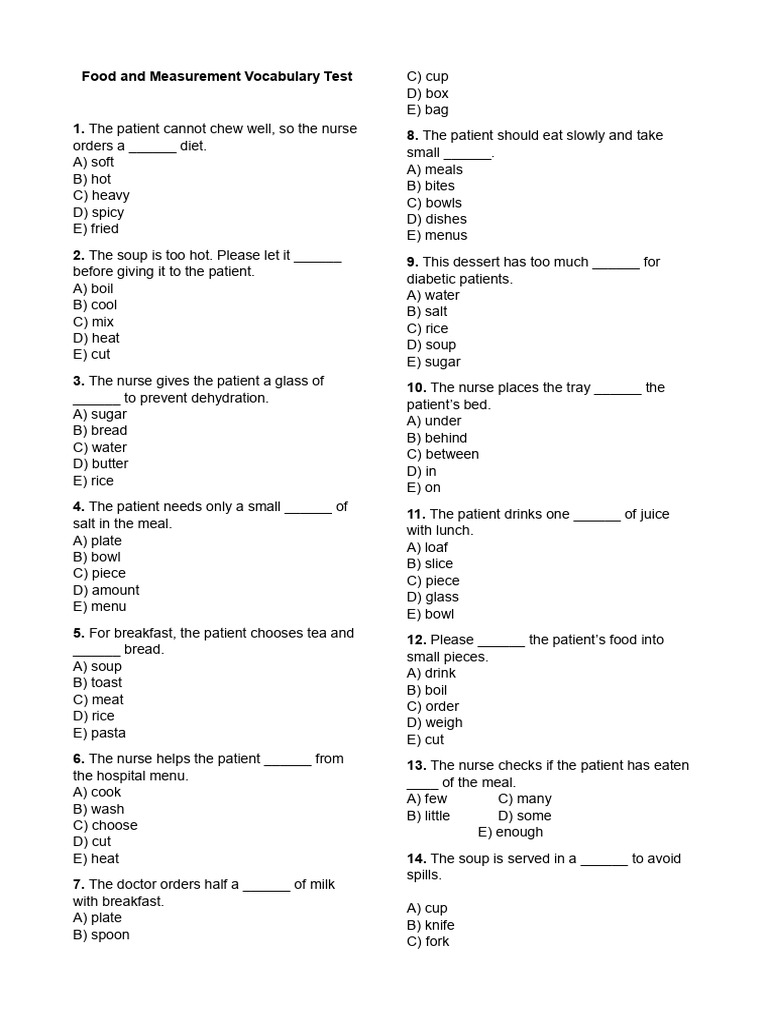 Food Measurement Vocabulary Quiz | PDF | Lunch | Meal