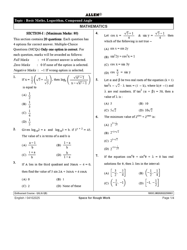 Jee Main Worksheet Maths | PDF | Square Root | Trigonometric Functions