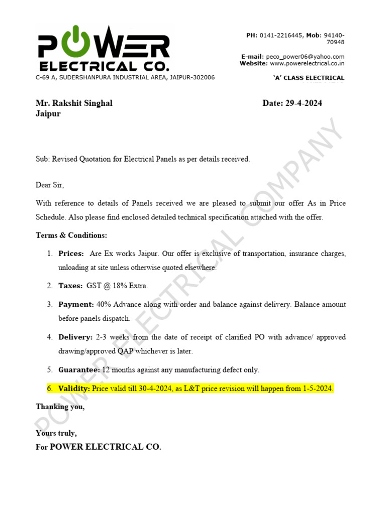 Revised Electrical Panel Quotation | PDF | Paint | Materials