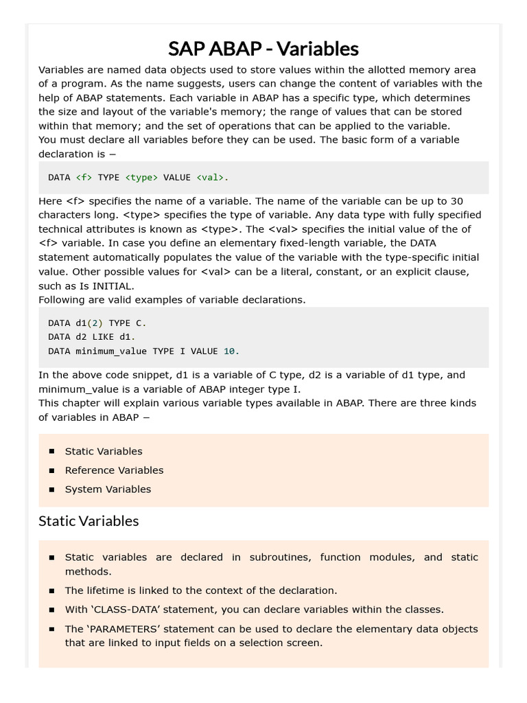 7-SAP ABAP - Variables | PDF | Variable (Computer Science) | Parameter ...