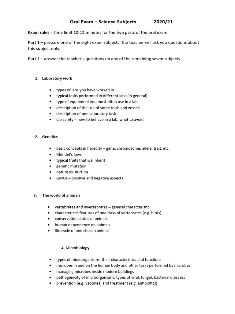 Oral Exam Guide: Science Subjects 2020/21 | PDF | Microorganism | Biology