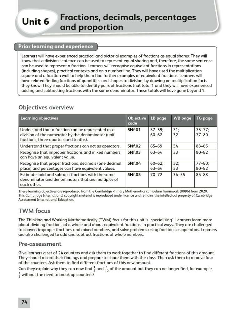 Unit 6 Fractions, Decimals, Percentages and Proportion | PDF ...