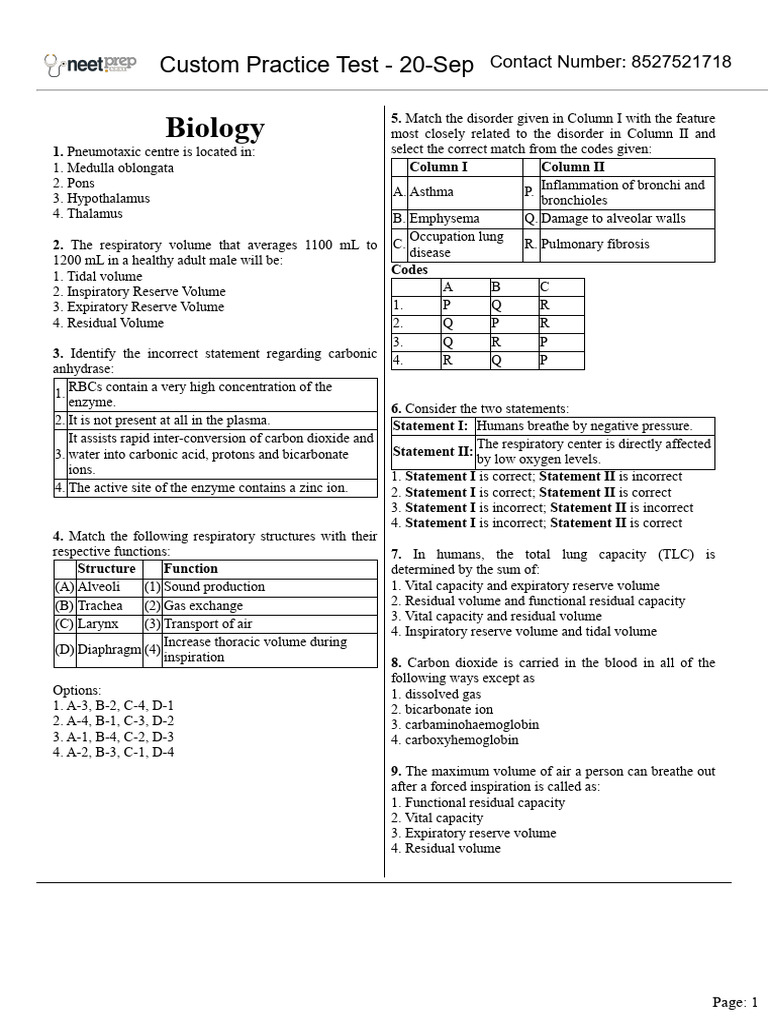 Biology Respiratory System Practice Test | PDF | Respiratory System | Lung
