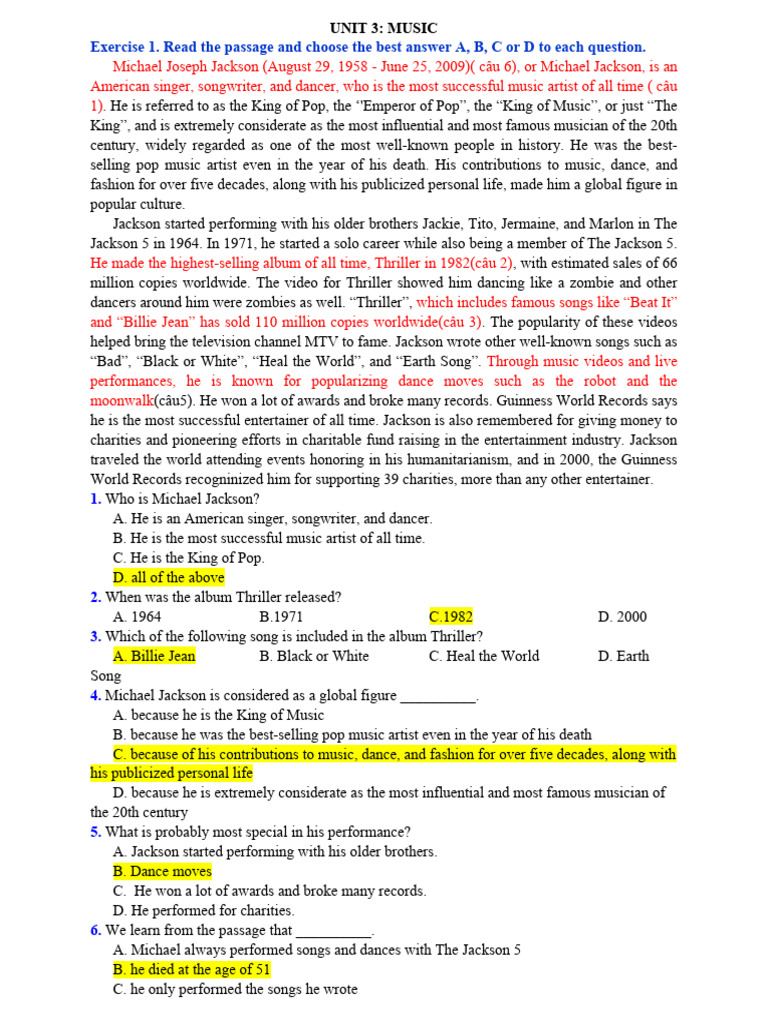 Exercise 1. Read The Passage and Choose The Best Answer A, B, C or D To ...