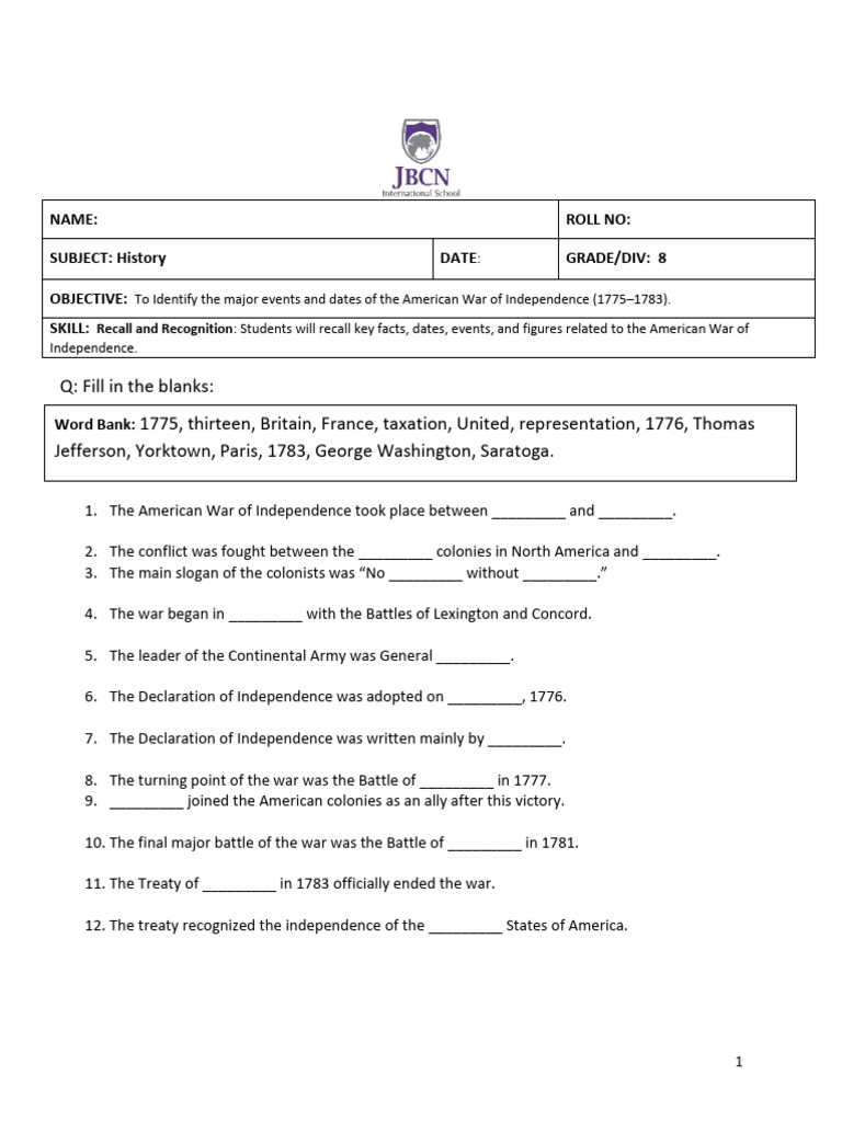 American War of Independence Quiz | PDF