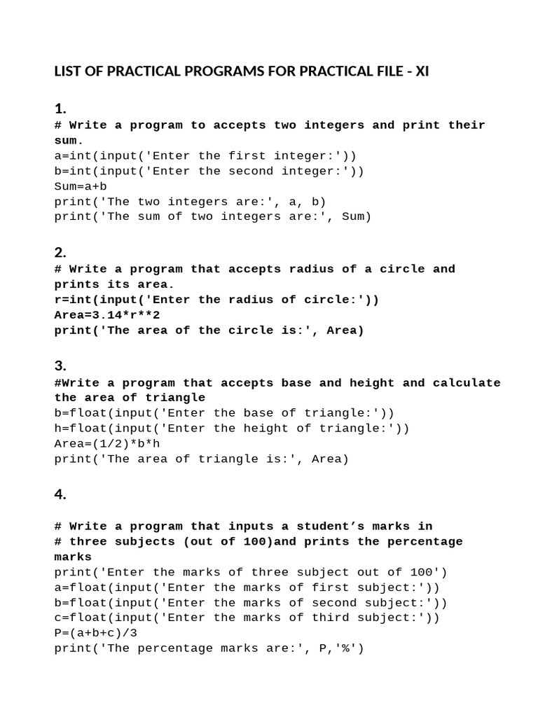 LIST OF PRACTICAL PROGRAMS FOR PRACTICAL FILE | PDF | Area | String ...