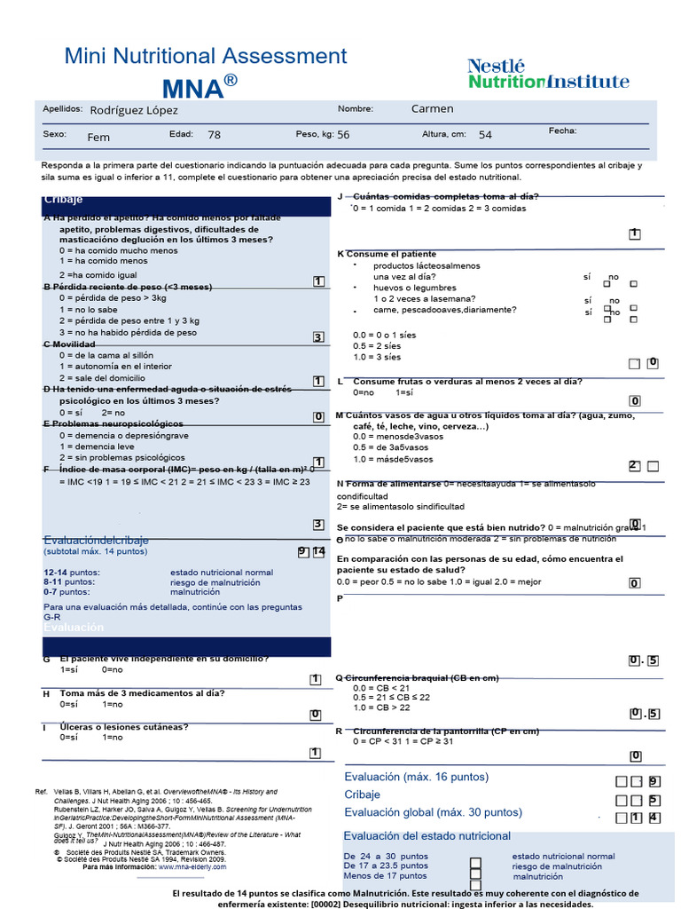 Evaluación Nutricional MNA para Mayores | PDF