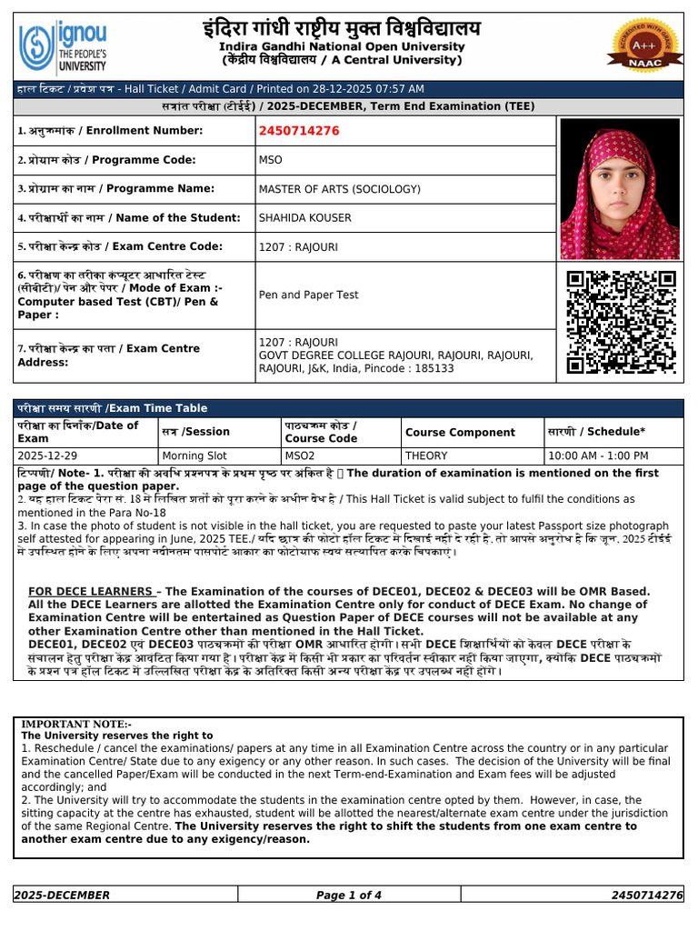 Admit Card IGNOU Sanam 1 Exam | PDF
