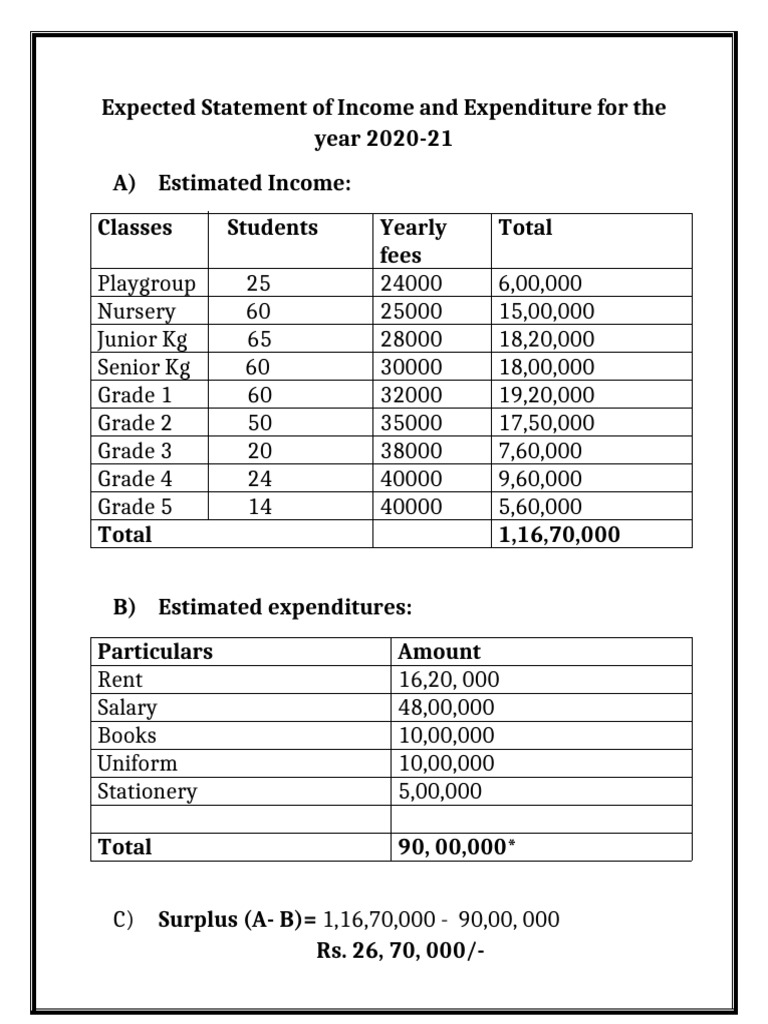 Expected Statement of Income and Expenditure For The Year 2020 | PDF