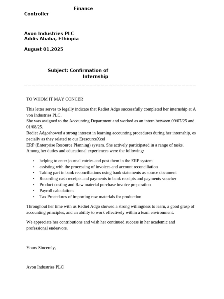 Internship Confirmation for Rediet Adgo | PDF