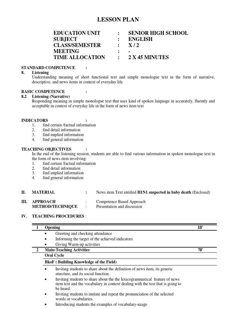 Lesson Plan in Teaching Listening | PDF | Influenza A Virus Subtype H1 ...