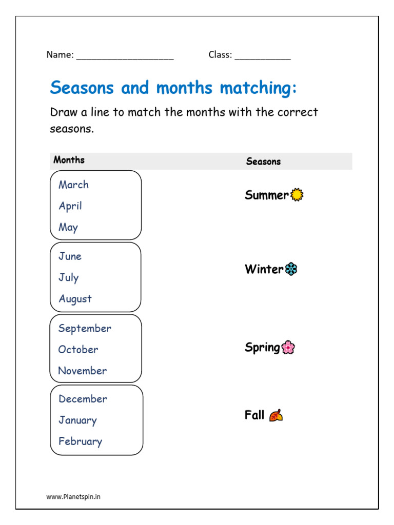 Seasons and Months Matching Worksheet | PDF