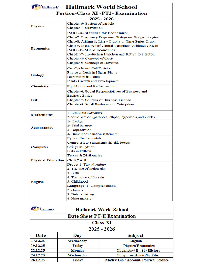 PT2 - Class XI Portion & Time Table - 2025-26 | PDF