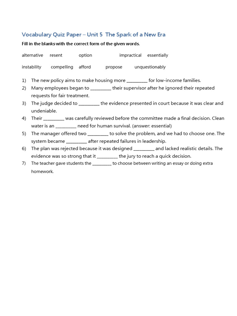 Vocabulary Quiz: Unit 5 Answers | PDF