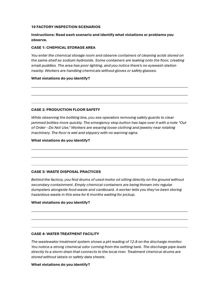 Factory Inspection Violation Scenarios | PDF | Waste | Water