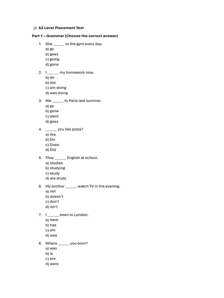 ? A2 Level Placement Test | PDF