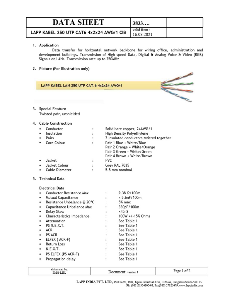 383336470H_CAT6 UTP Data Sheet | PDF | Electromagnetism | Information ...