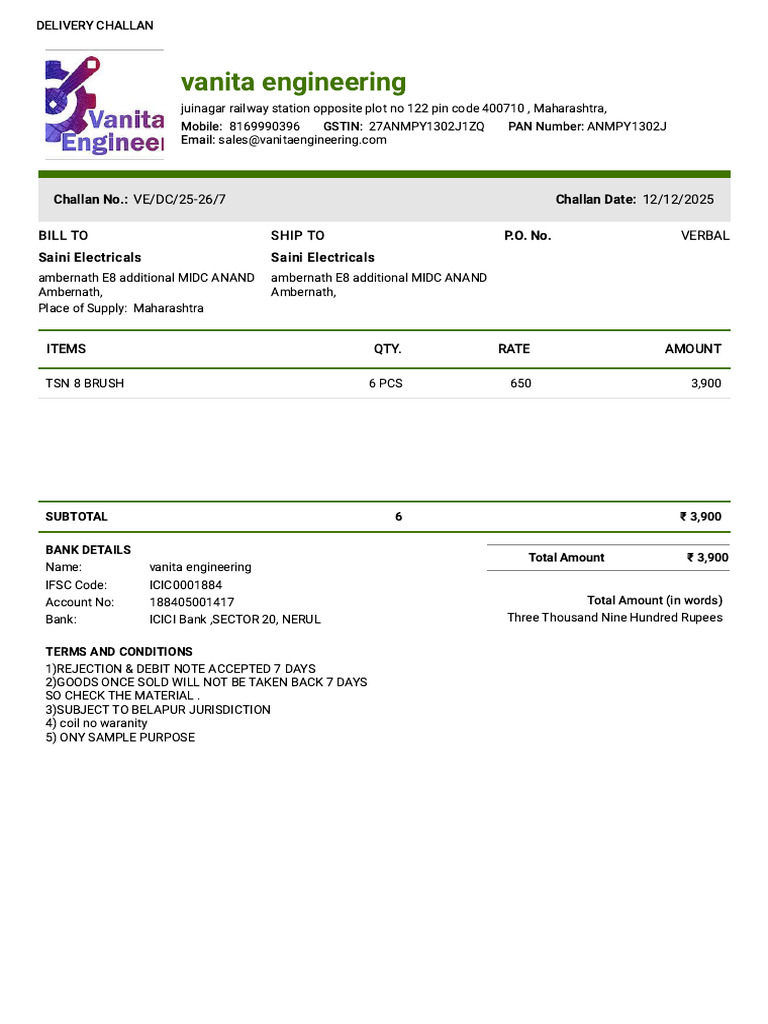 Vanita Engineering Delivery Challan | PDF