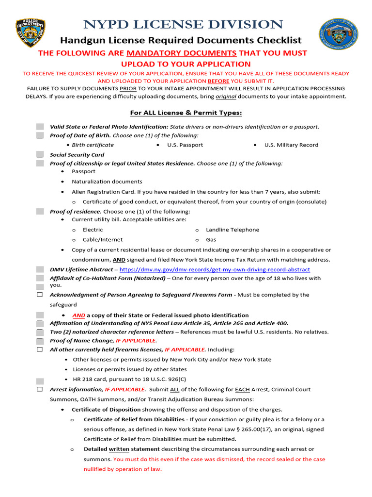 NYPD Handgun License Document Checklist | PDF | Identity Document ...