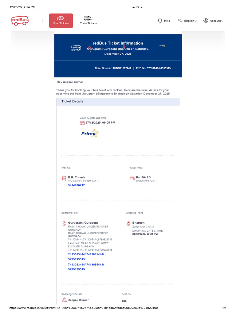 Bus Ticket- Gurgaon to Bharuch 27-12-2025 | PDF