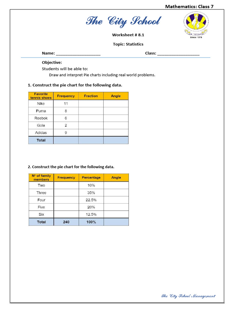 Class 7 Statistics: Pie Chart Worksheet | PDF