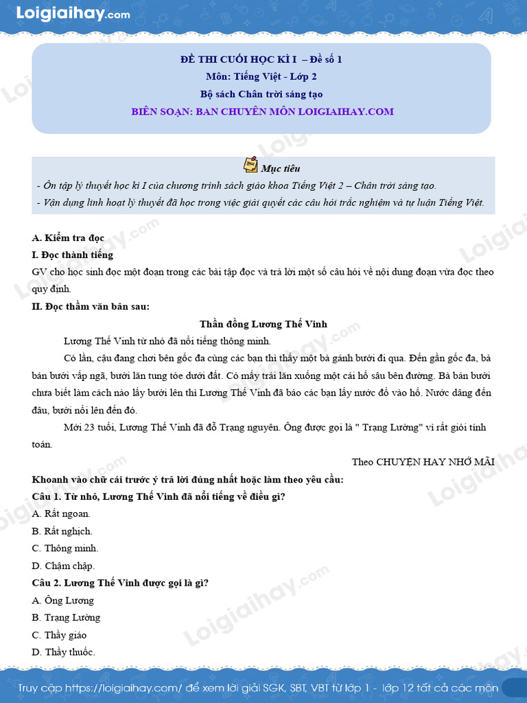 De Thi Cuoi Hoc Ki 1 Tieng Viet 2 Chan Troi Sang Tao de So 1 1759807425 | PDF