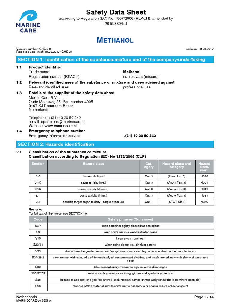 Methanol Safety Data Sheet Overview | PDF | Dangerous Goods | Toxicity