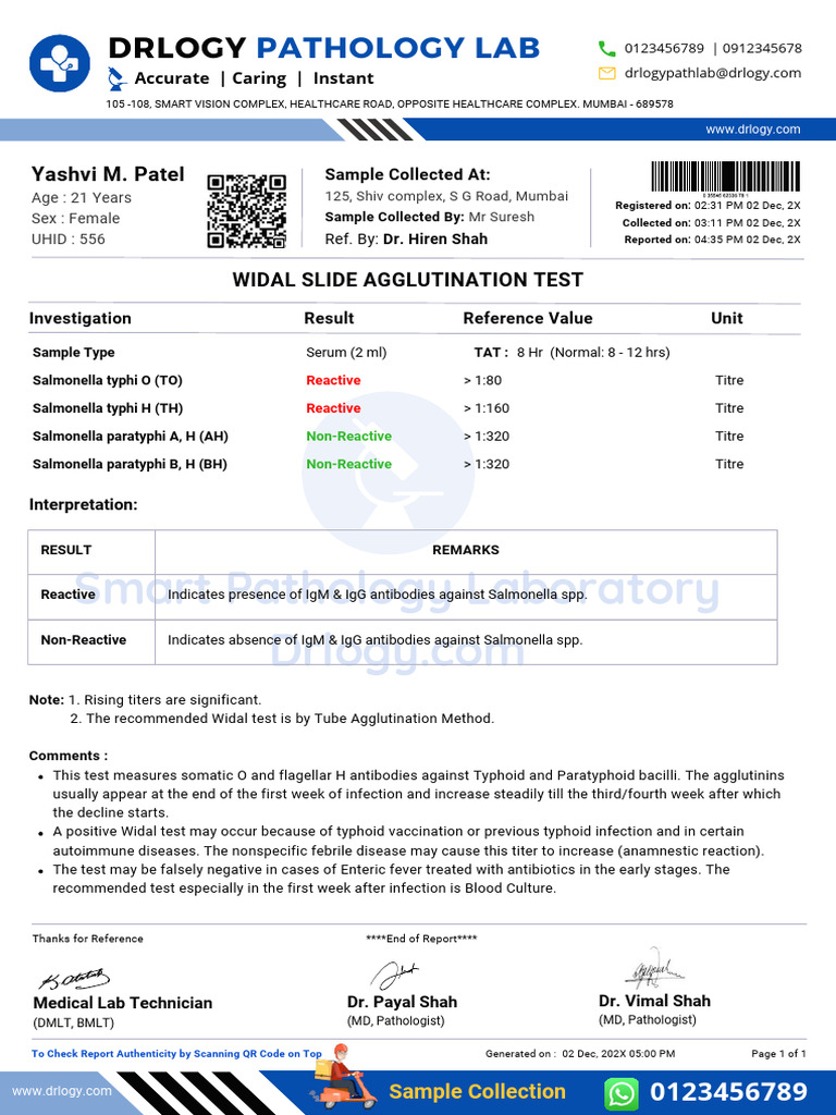 Positive Widal Test Report Format Example Sample Template Drlogy Lab ...