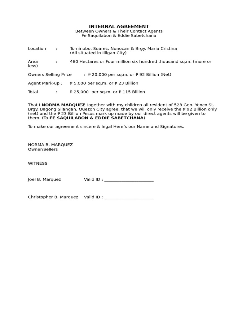 INTERNAL AGREEMENT Fe Saquilabon & Eddie Sabetchana | PDF