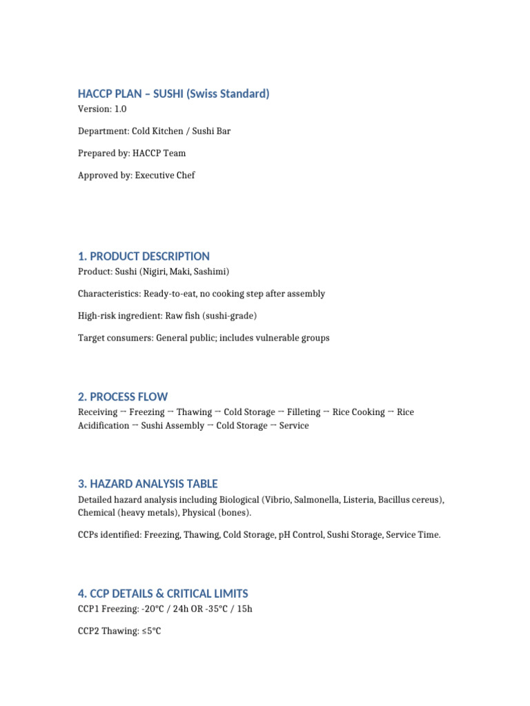 HACCP Plan for Sushi Safety Standards | PDF