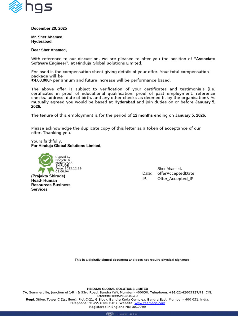 Associate Software Engineer Offer Letter | PDF | Payroll | Government ...