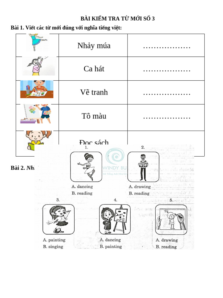 Bài Kiểm Tra Từ Mới Số 3-Unit 1 Lesson 2-Painting, Dancing, Reading ...