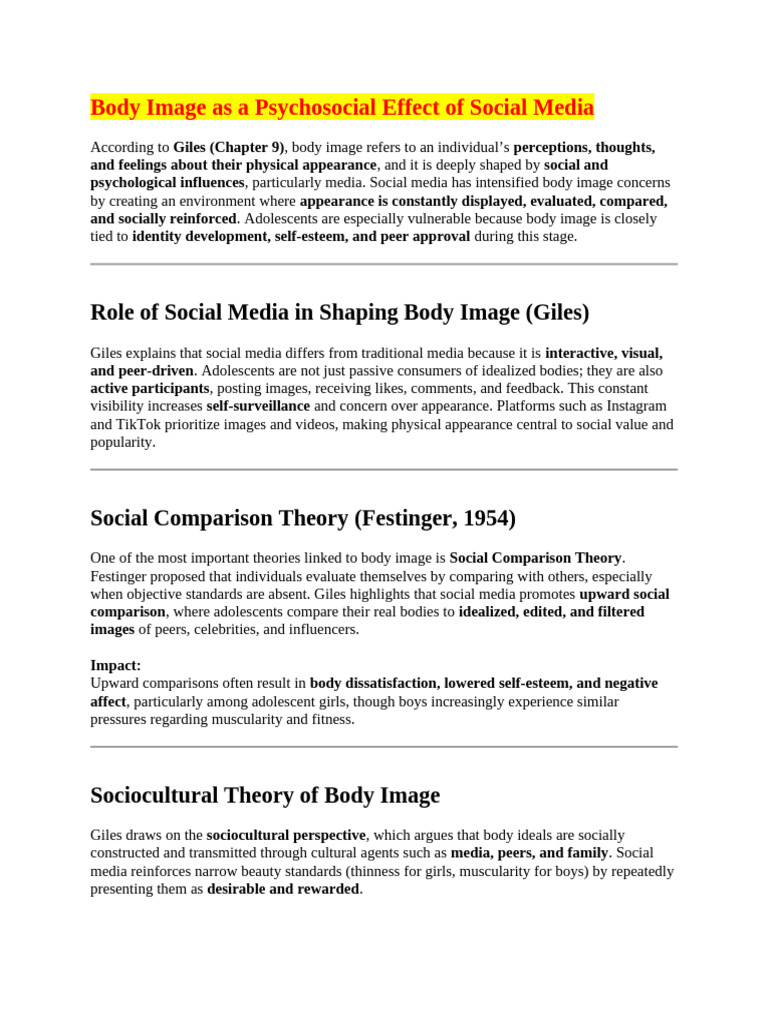 Body Image as a Psychosocial Effect of Social Media Theories of ...
