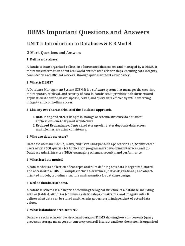 DBMS Important Questions Answers | PDF | Databases | Relational Model