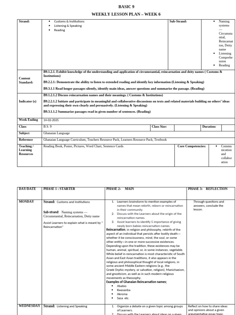 Week 6 Lesson Plan: Customs & Reading | PDF