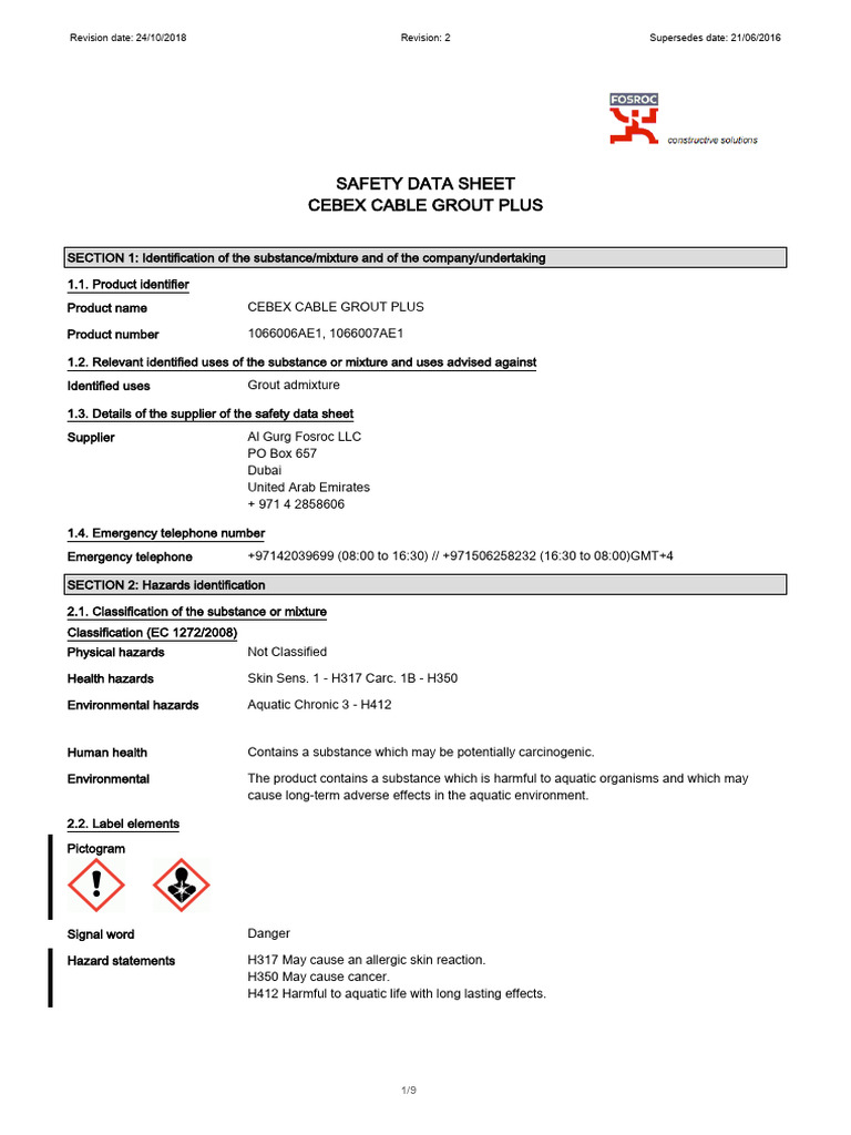 Cebex Cable Grout Plus Safety Data Sheet | PDF | Toxicity | Personal ...
