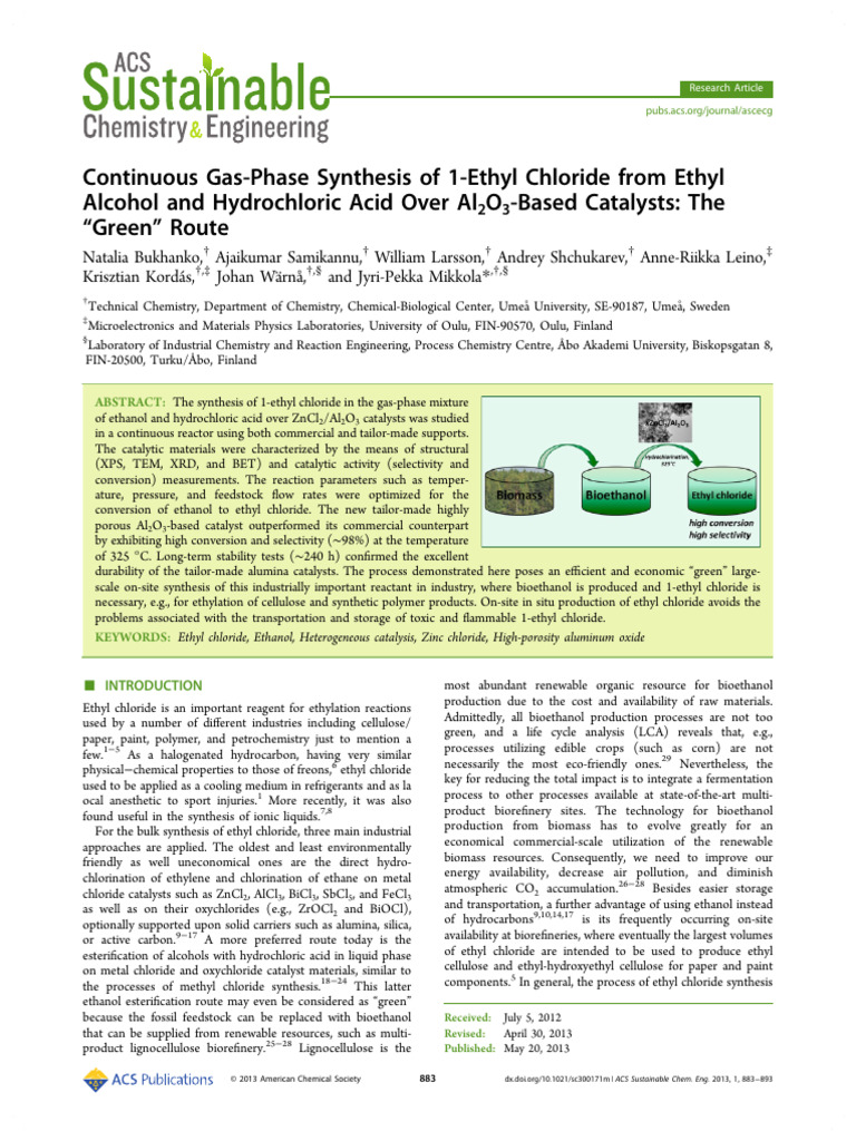 Continuous Gas-Phase Synthesis of 1 Ethyl Chloride From Ethyl Alcohol ...