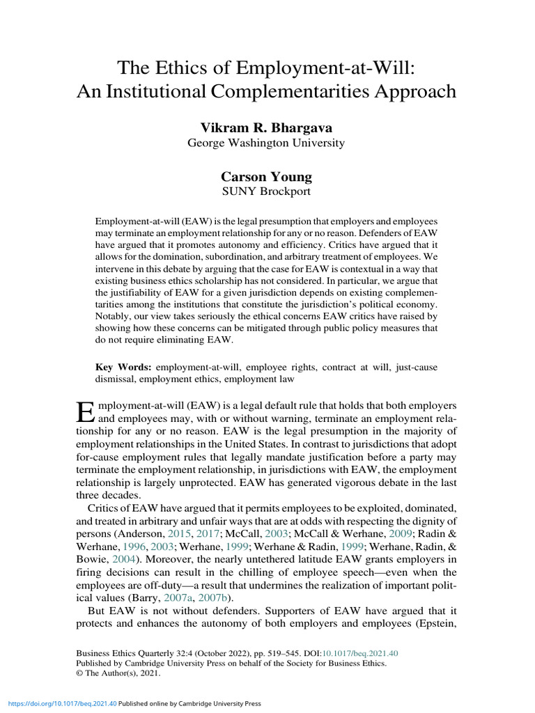 The Ethics of Employment at Will an Institutional Complementarities ...
