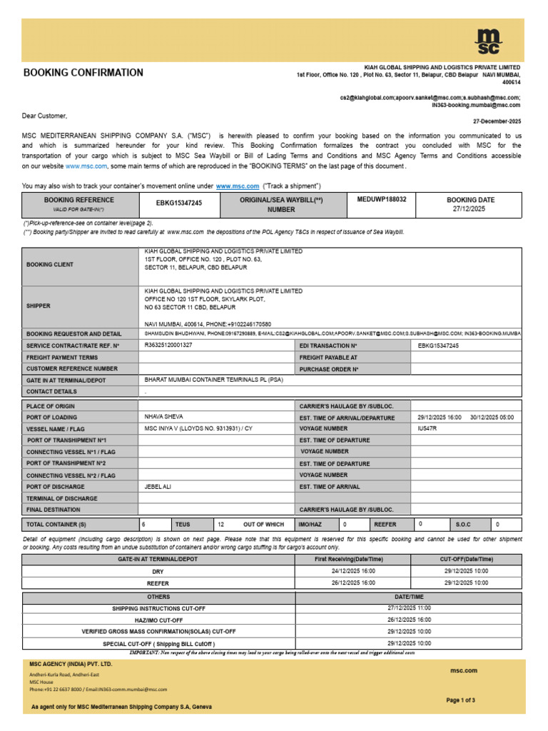 MSC Booking Confirmation Details | PDF