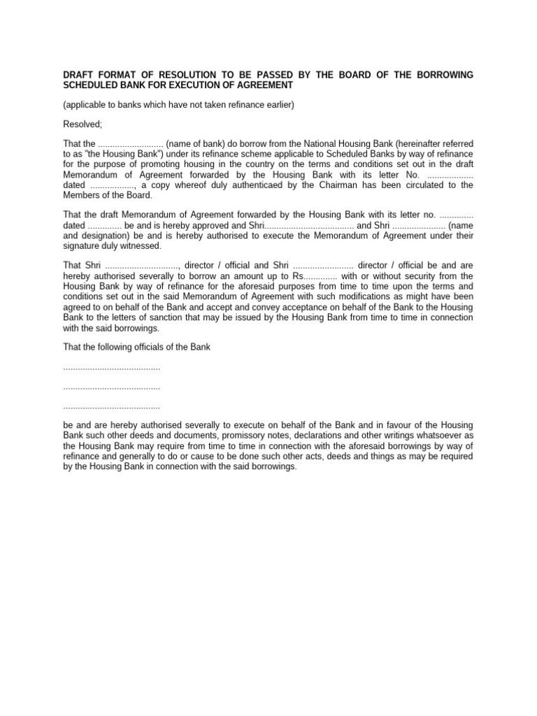 Draft Format of Resolution to Be Passed by the Board of the Borrowing ...