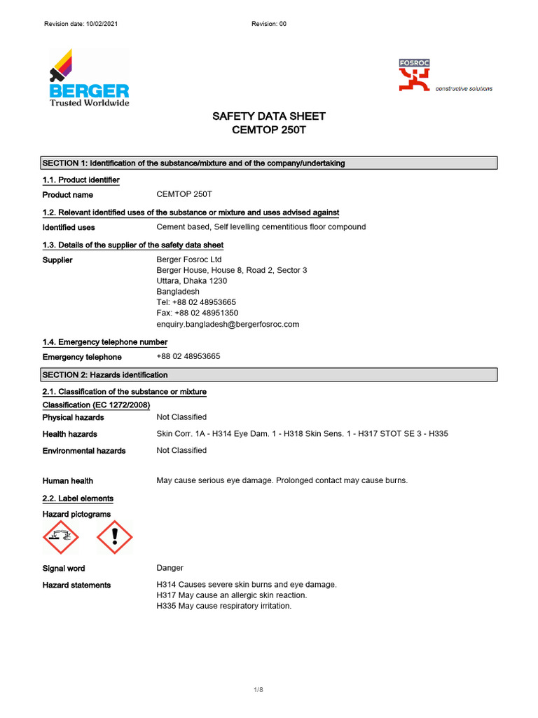 Sds Cemtop 250t Bfl2 | PDF | Dangerous Goods | Personal Protective ...