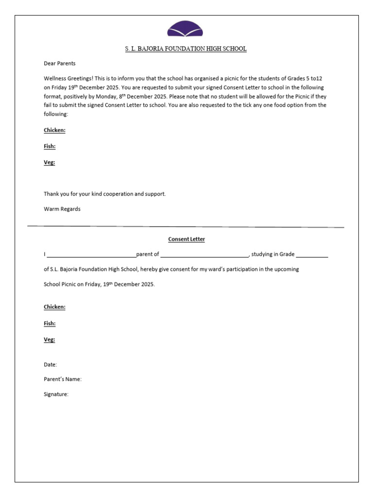 Consent Letter Picnic (1) | PDF