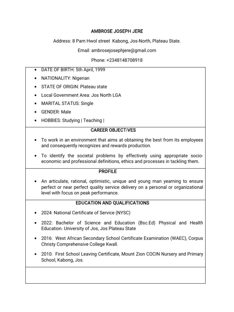 Ambrose Joseph Jere (Curriculum Vitae) | PDF