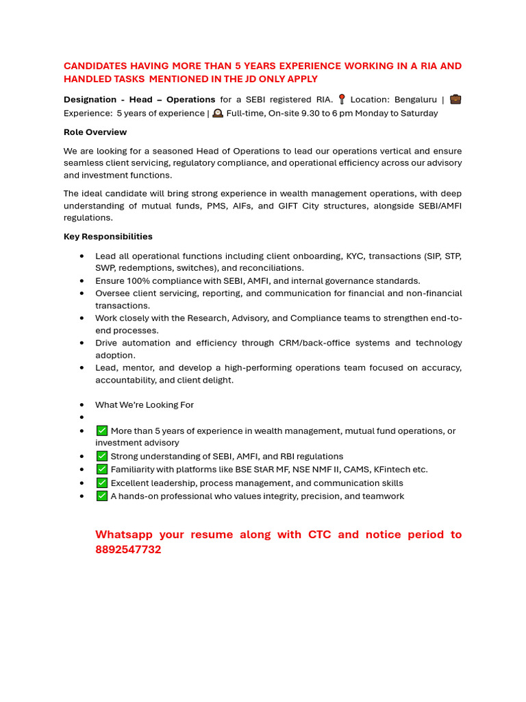 Head of Operations for RIA in Bengaluru | PDF