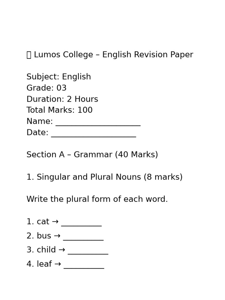 English Revision Paper for Grade 3 | PDF | Grammatical Number | Plural
