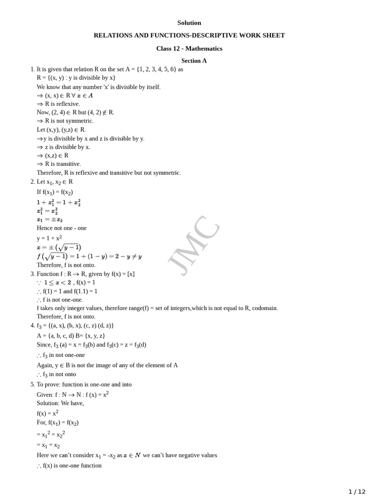 Class 12 Relations and Functions Descriptive Worksheet Solution | PDF ...