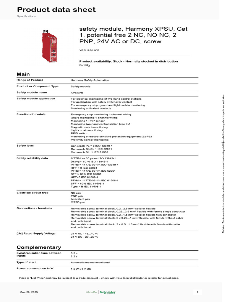 PES Schneider Electric Harmony-XPS-Safety-Modules XPSUAB11CP | PDF ...