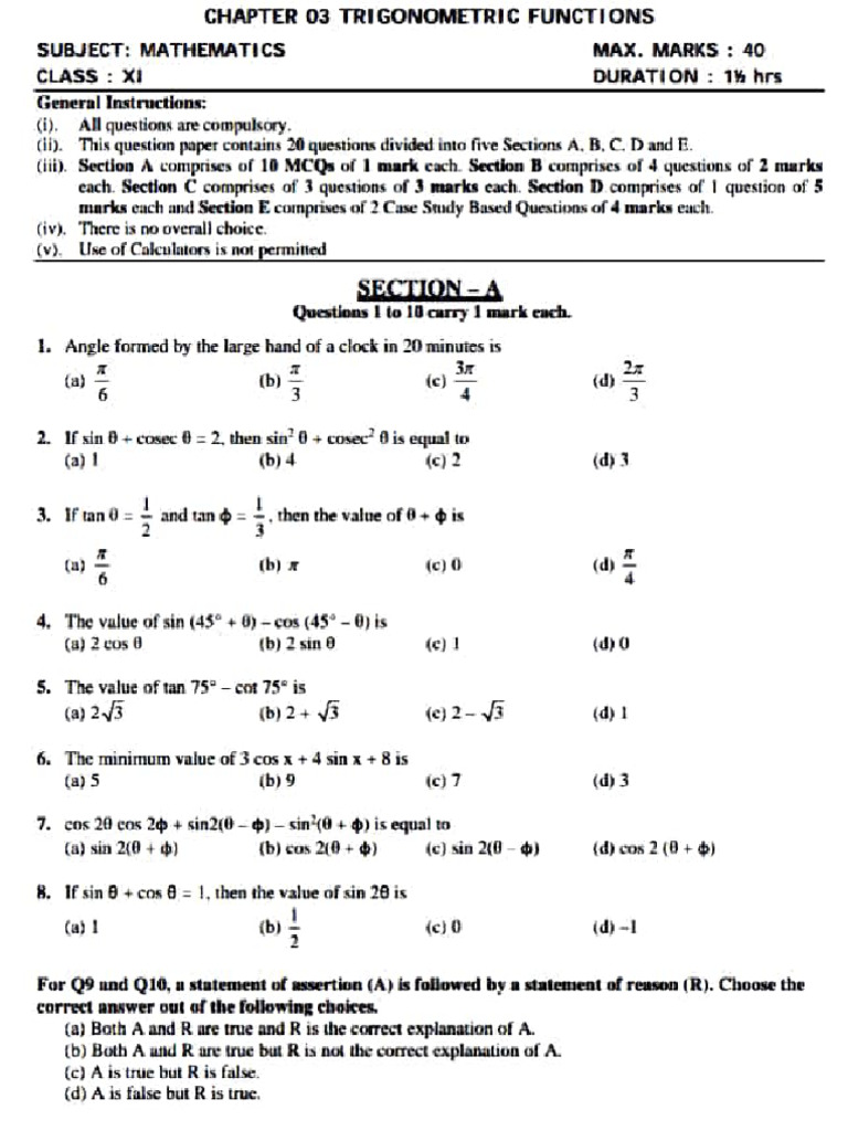 Trigonometric Functions Test (1) | PDF | Special Functions | Angle